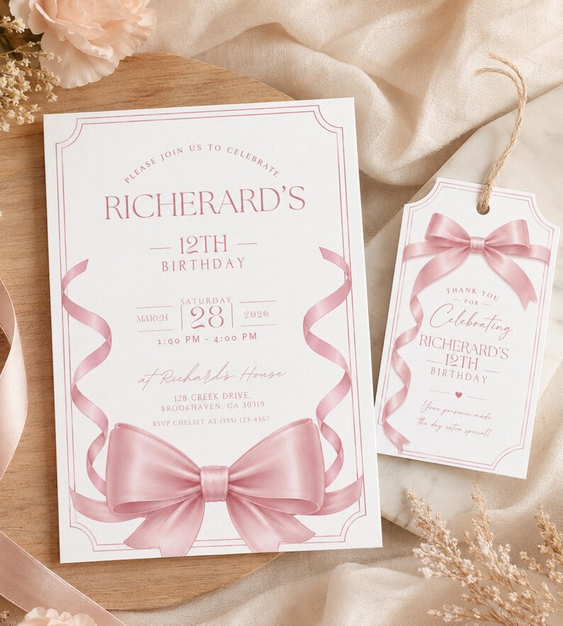 Pink Bow 12th Birthday Invitation and Favor Tag Bundle (digital ...