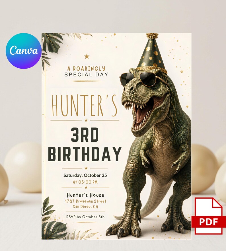 Dinosaur Birthday Invitation Template: T-rex Party Invite (digital ...