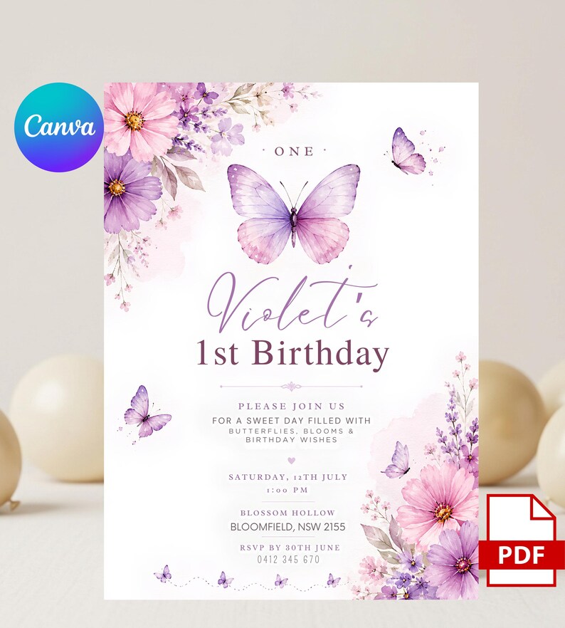 Butterfly 1st Birthday Invitation Template: Floral Watercolor Invite ...