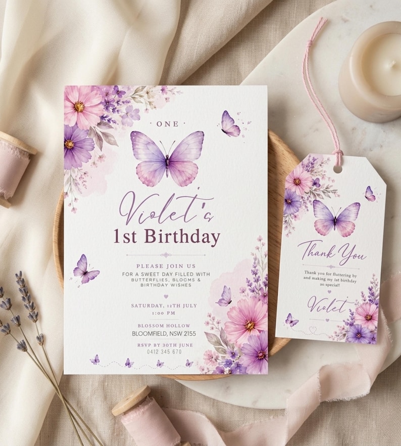 Butterfly 1st Birthday Invitation Template: Floral Watercolor Invite ...