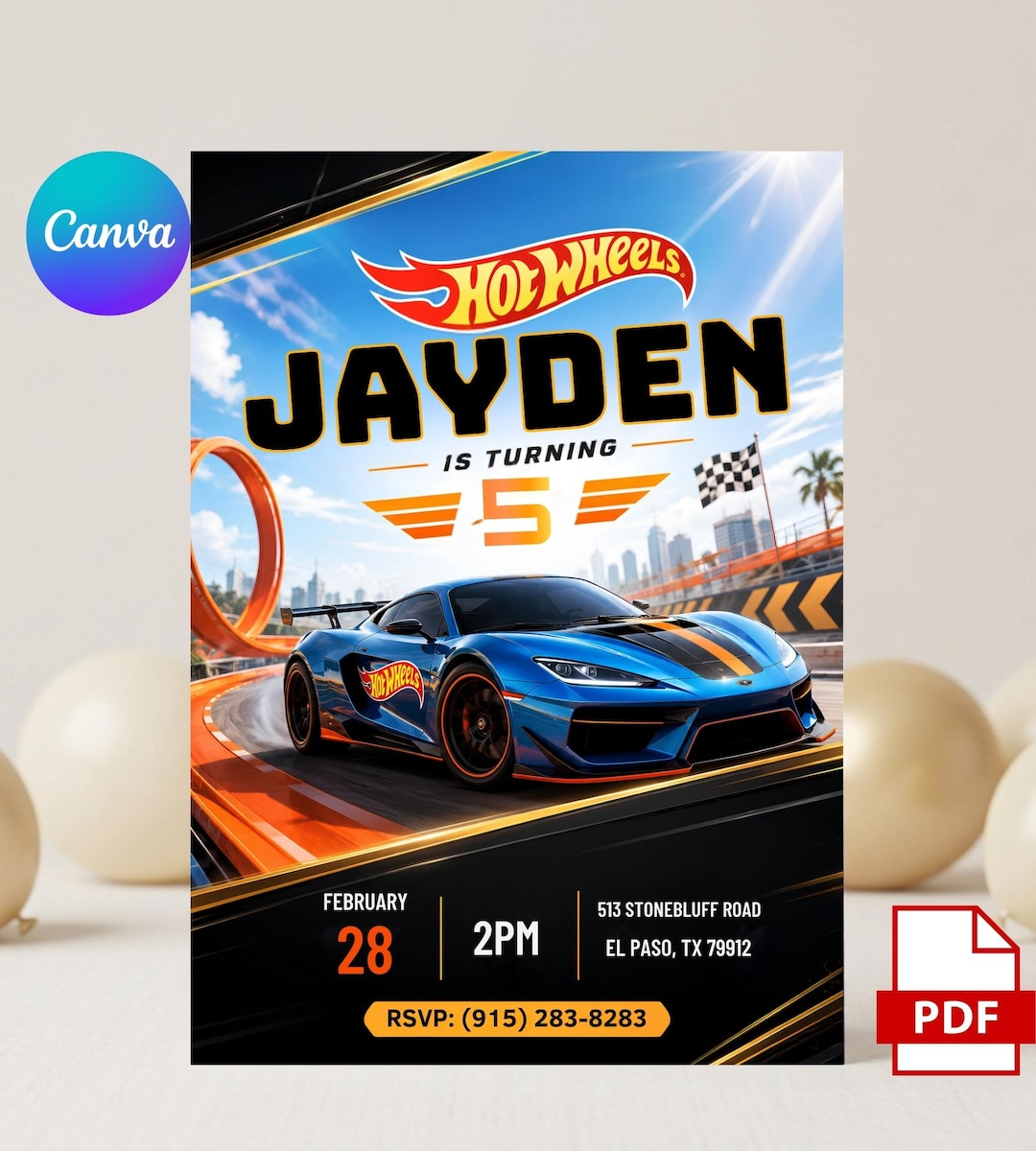Hot Wheels Race Car Birthday Invitation, Editable Boy Party Invite ...