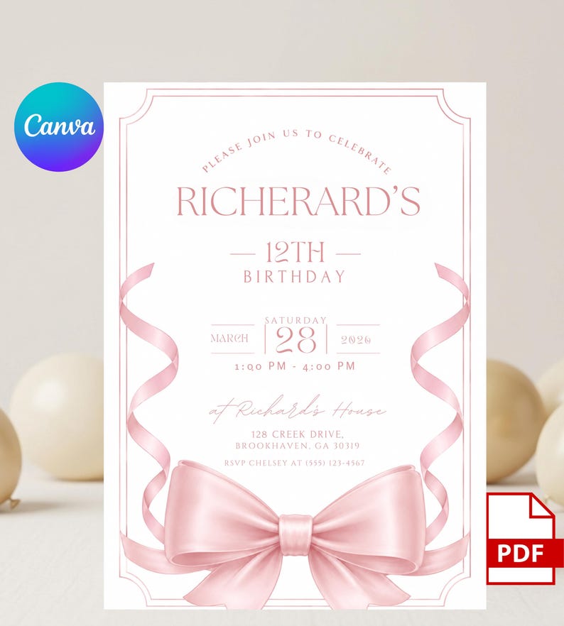 Pink Bow 12th Birthday Invitation and Favor Tag Bundle (digital ...