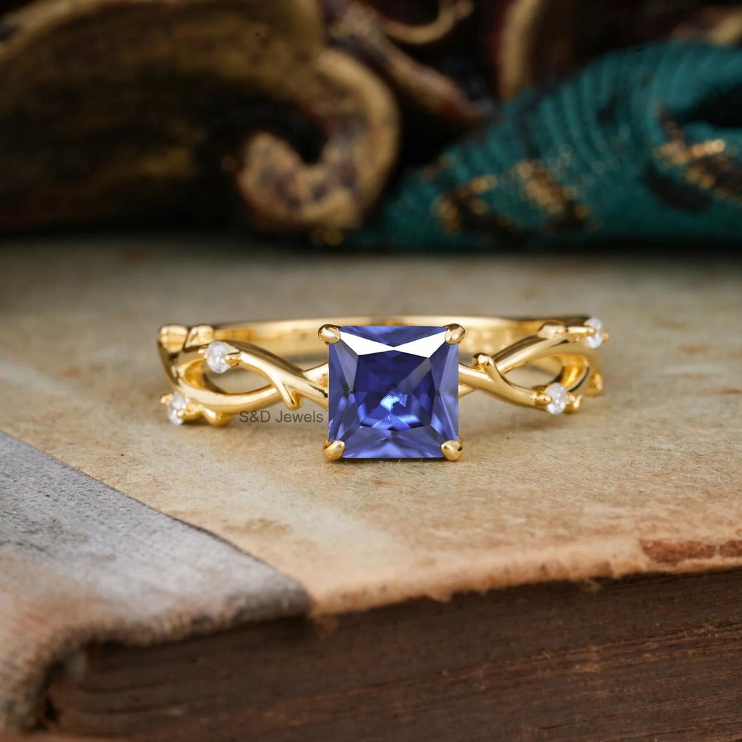 Princess Cut Tanzanite Engagement Ring, Rose Gold Vine Band, Moissanite ...