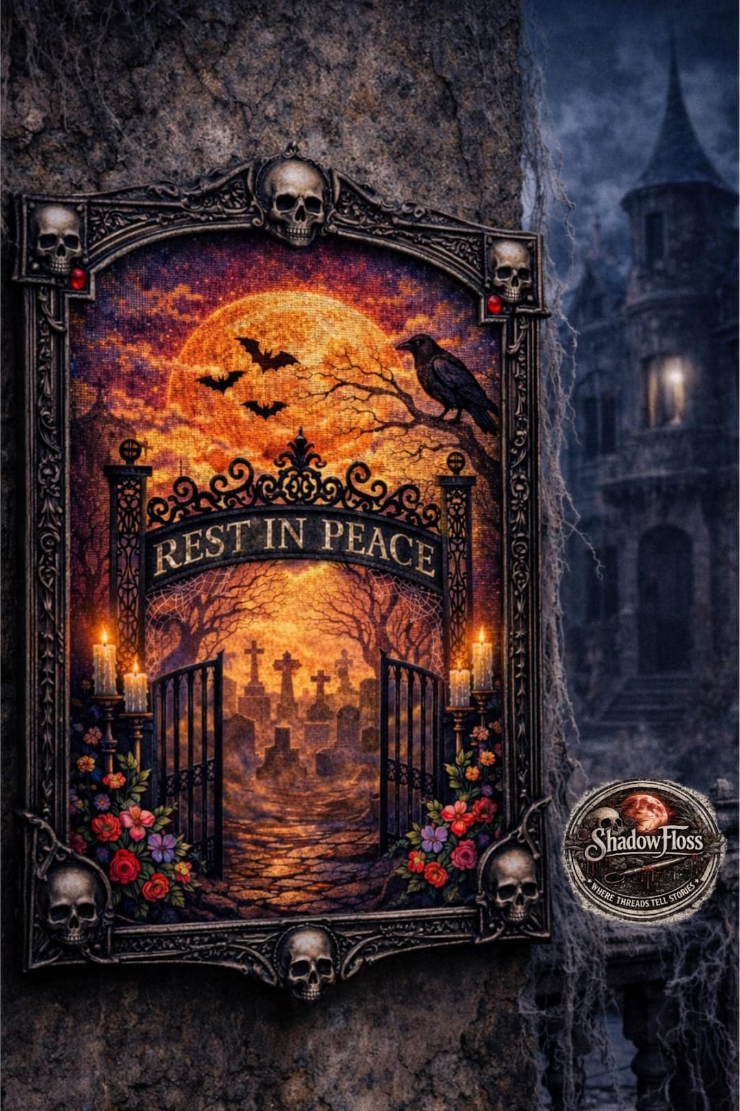 Rest in Peace Cemetery Gate Cross Stitch Pattern | Gothic Halloween ...