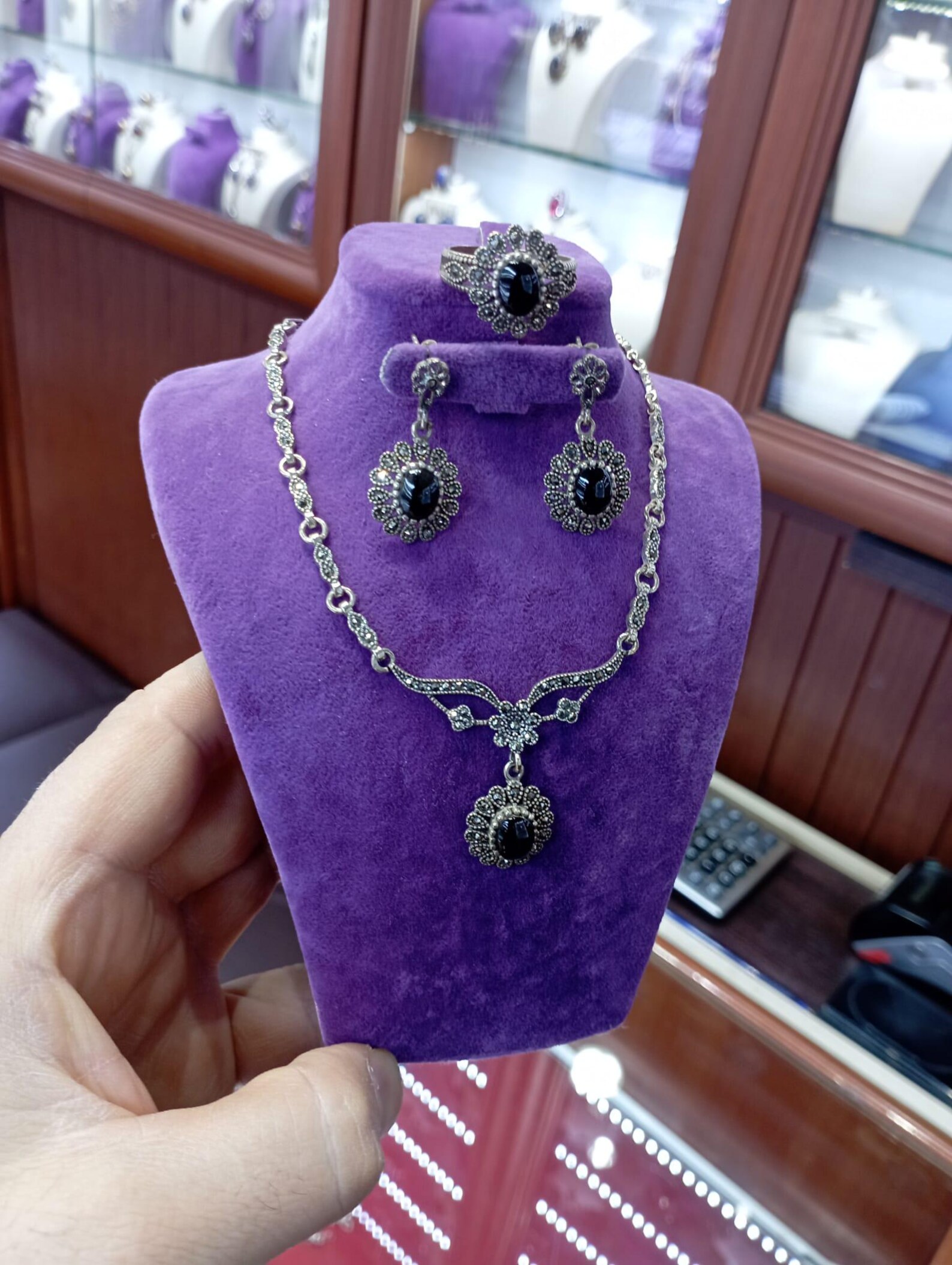 Sterling Silver Jet Stone Jewelry Set, Necklace Earrings Ring, Elegant ...