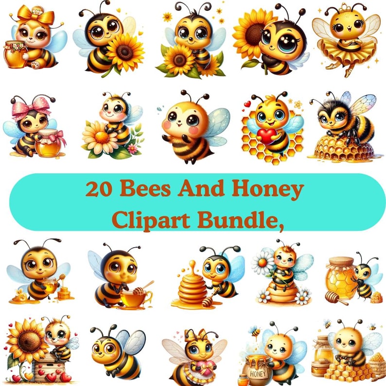 Bees and Honey Clipart Bundle, Bumble Bee PNG Graphics (digital ...