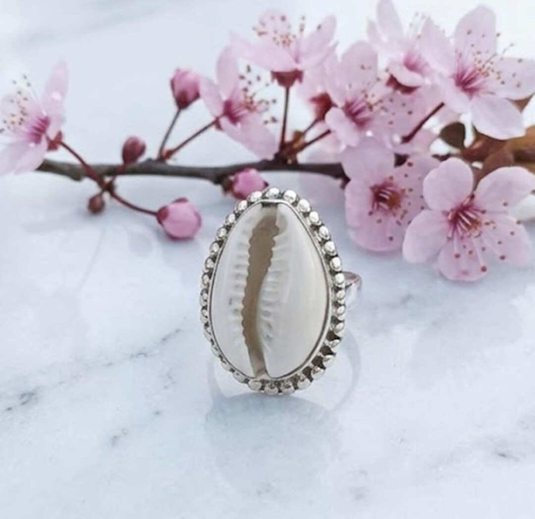 Natural Cowrie Shell Silver Ring, Coastal Minimalist Jewelry for Beach ...