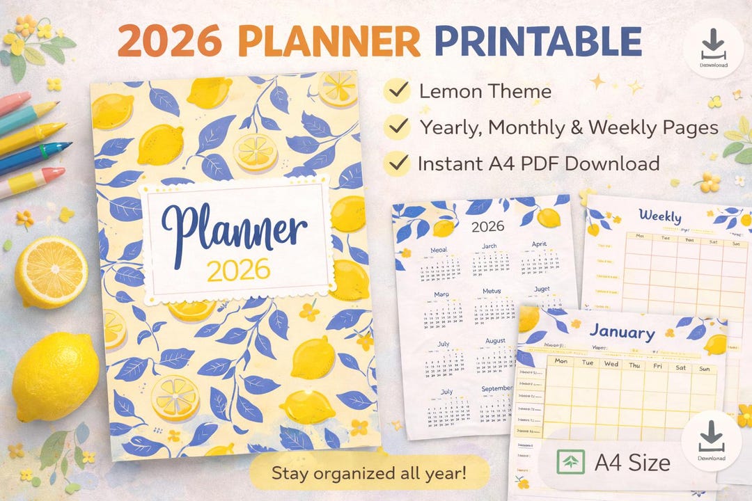 2026 Planner Printable, Lemon Theme Planner, Yearly Monthly Weekly ...