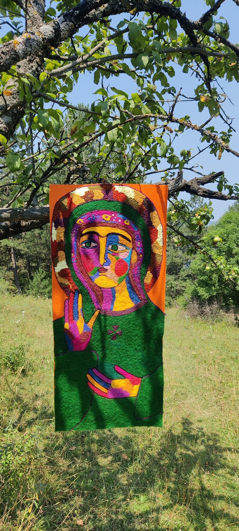 Colorful Madonna Textile Art, Needle Felted Wall Hanging, Folk Icon ...