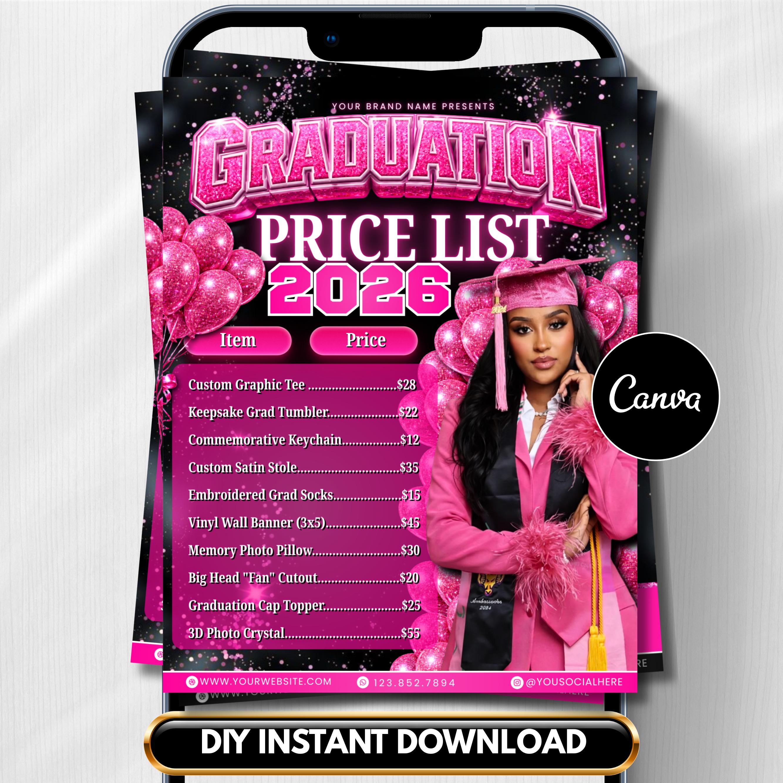 2x Pink Graduation Price List Canva Editable Template, Graduation ...