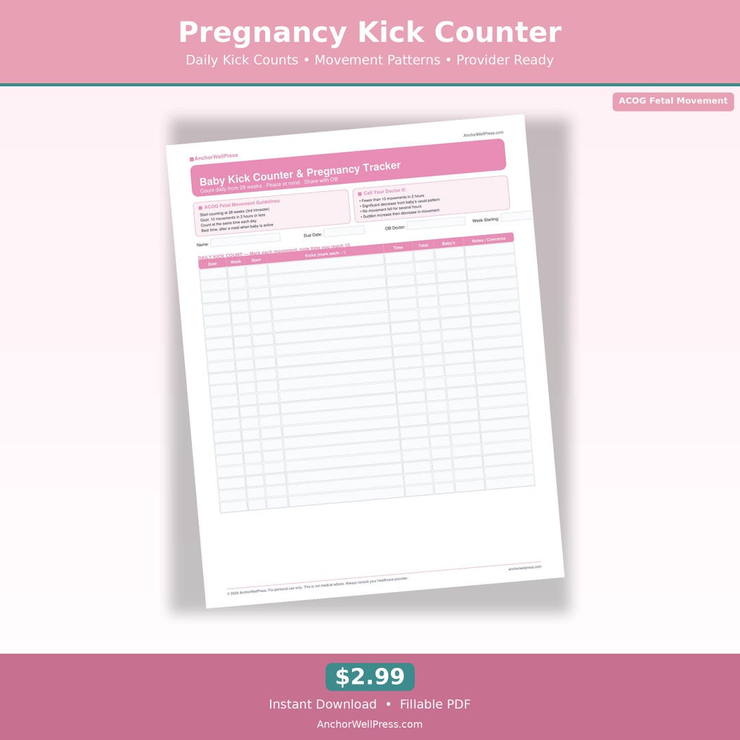 Baby Kick Counter Fillable PDF | Pregnancy Fetal Movement Tracker ...