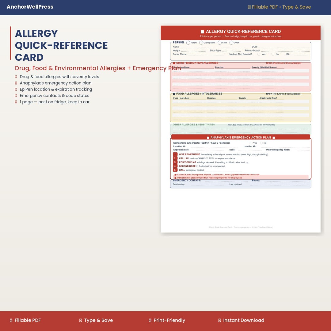 Allergy Card Fillable PDF | Emergency Allergy Medical ID | Anaphylaxis ...