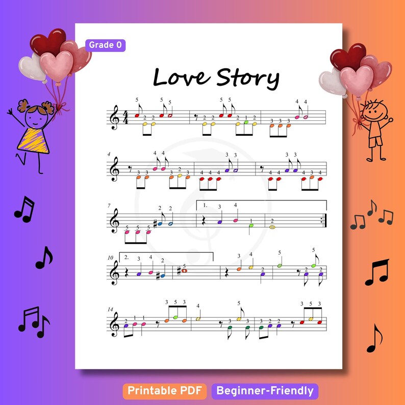 Love Story Grade 0 Beginner Piano Sheet - Colorful Notes and Finger ...