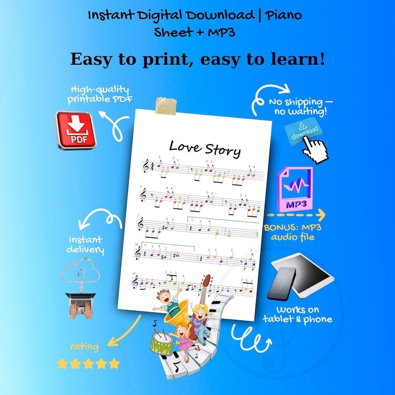Love Story Grade 0 Beginner Piano Sheet - Colorful Notes and Finger ...