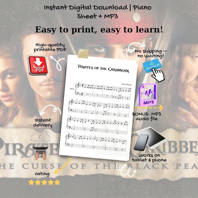 Pirates of the Caribbean Piano Sheet - Easy Grade 3 Movie Theme - Etsy UK