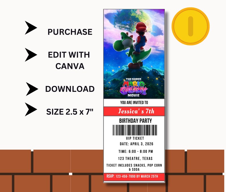 Editable Super Mario Galaxy Movie Ticket Invitation (digital Download ...