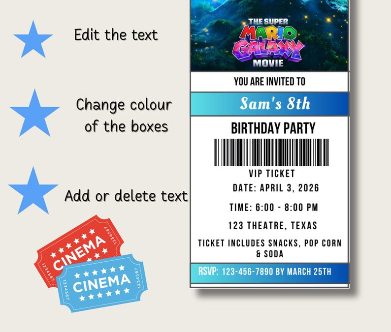 Editable Super Mario Galaxy Movie Ticket Invitation (digital Download ...