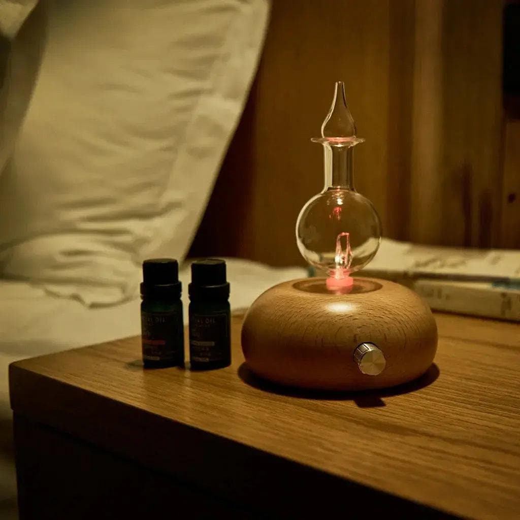 Glass Flame Diffuser | Wood Base Nebulizer for Essential Oils | Silent ...