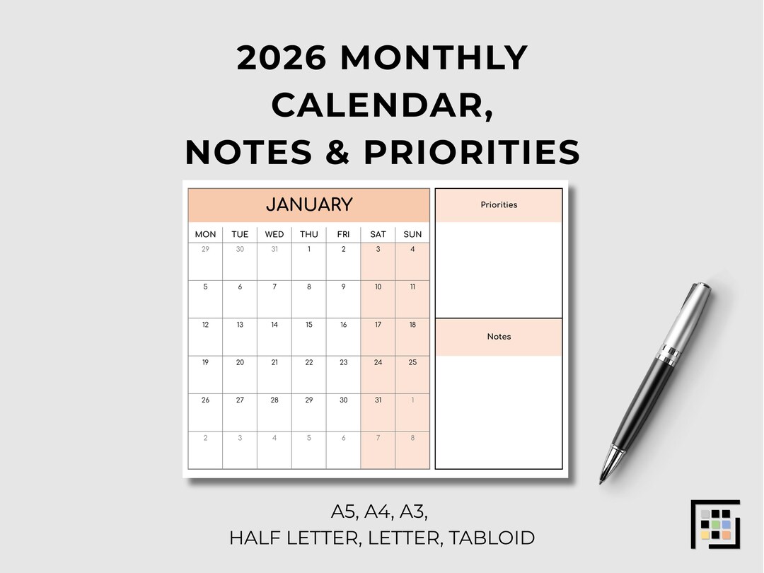2026 Monthly Calendar Printable PDF Planner Notes Priorities Wall ...