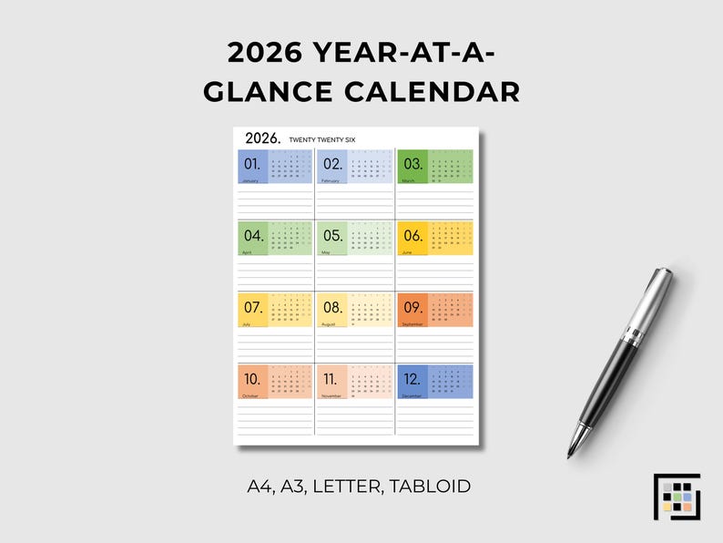 2026 Printable Vertical Year Overview Planner Seasonal Color Blocks PDF ...