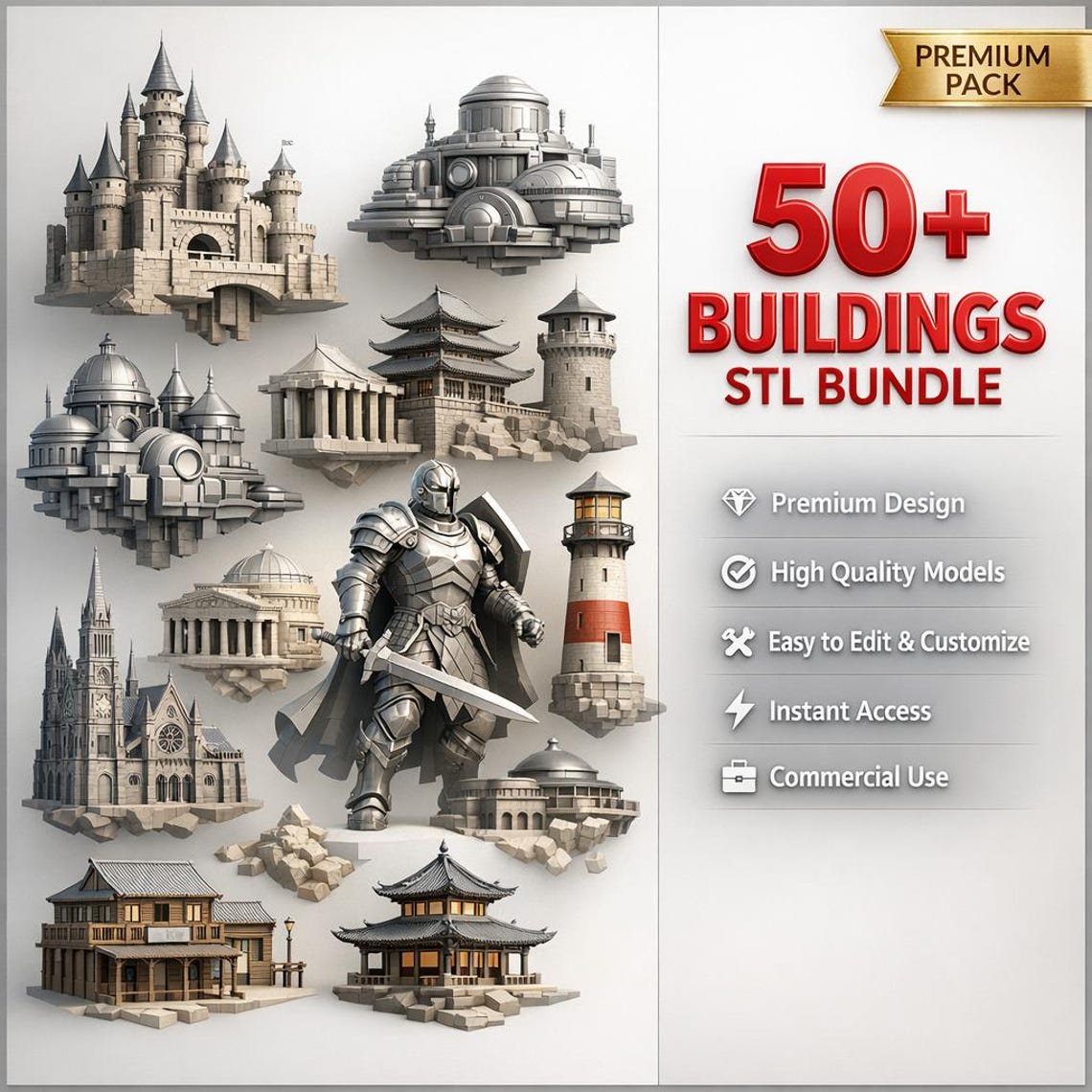 50 Buildings STL Bundle, 3D Printable Architecture Models, City ...