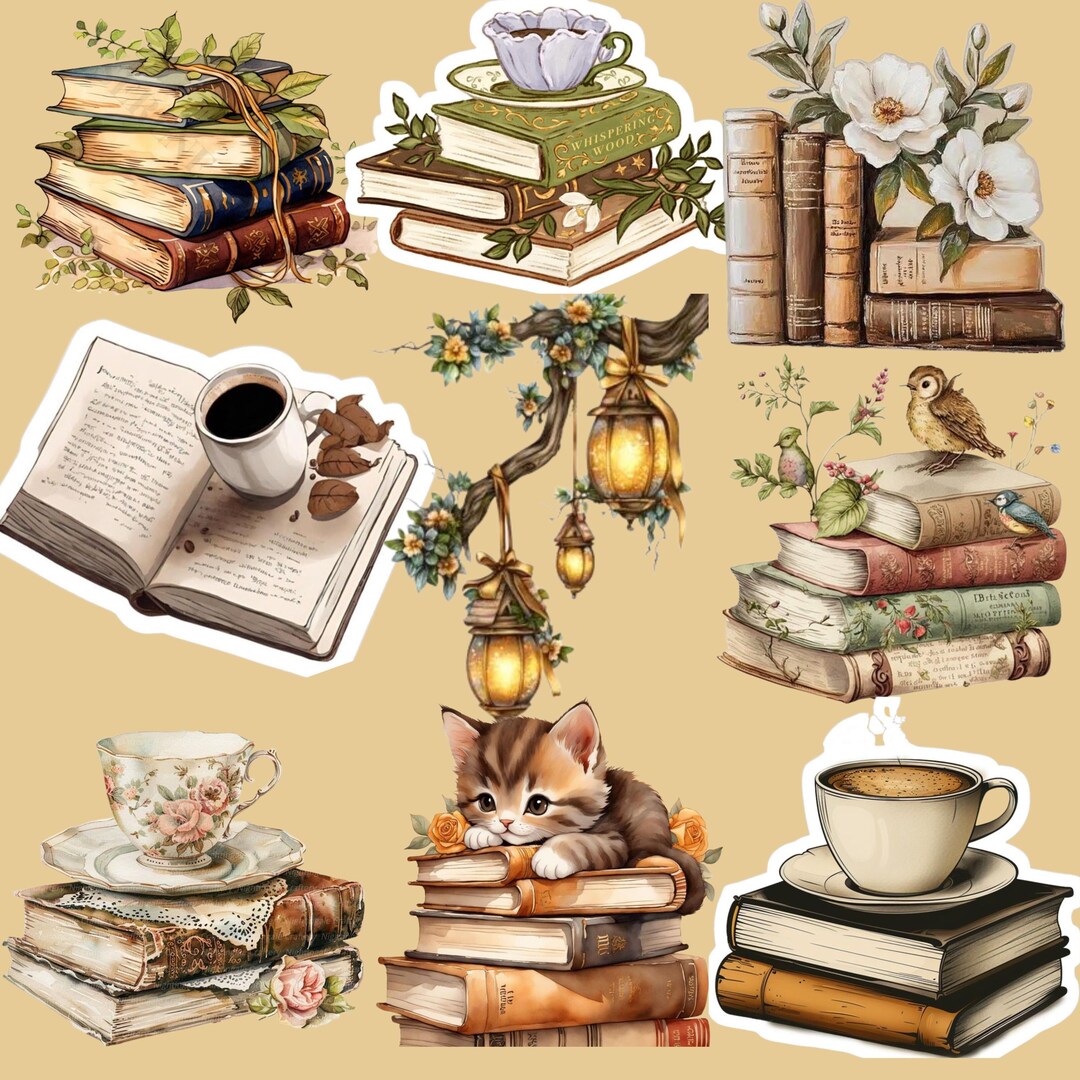 Cozy Book Lover Clipart Bundle PNG, Vintage Books & Coffee Aesthetic ...