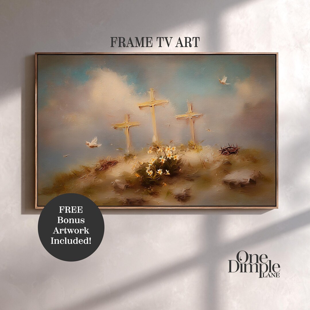 Three Crosses on Hill Frame TV Art | Textured Oil Easter Decor ...