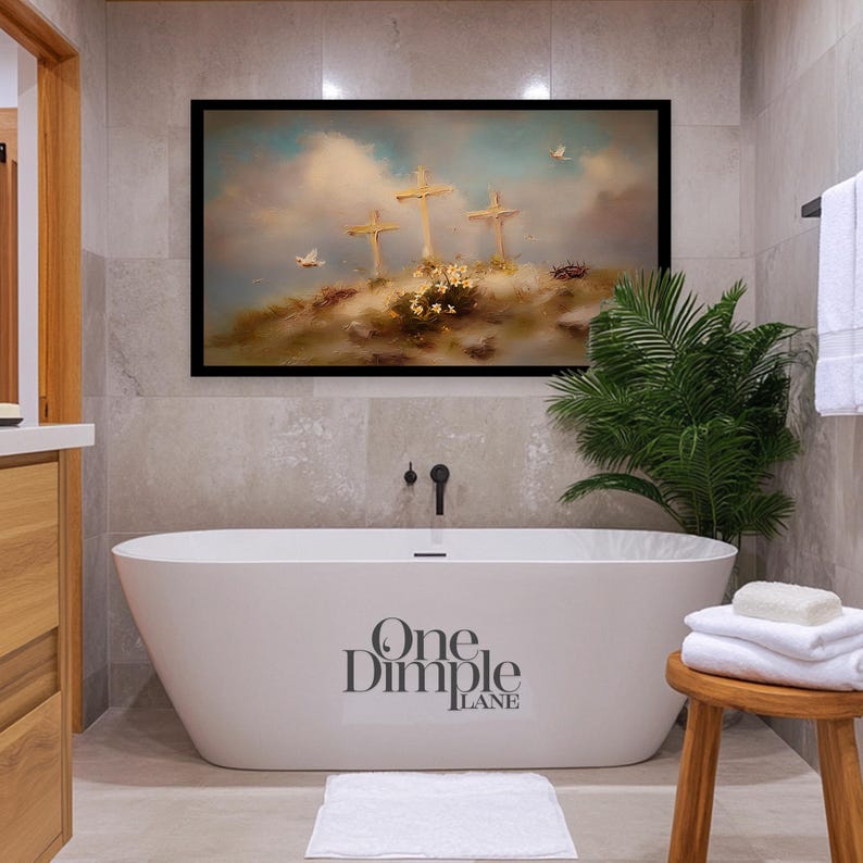 Three Crosses on Hill Frame TV Art | Textured Oil Easter Decor ...