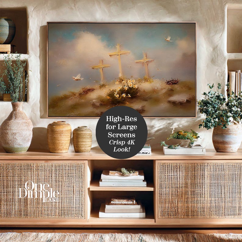 Three Crosses on Hill Frame TV Art | Textured Oil Easter Decor ...