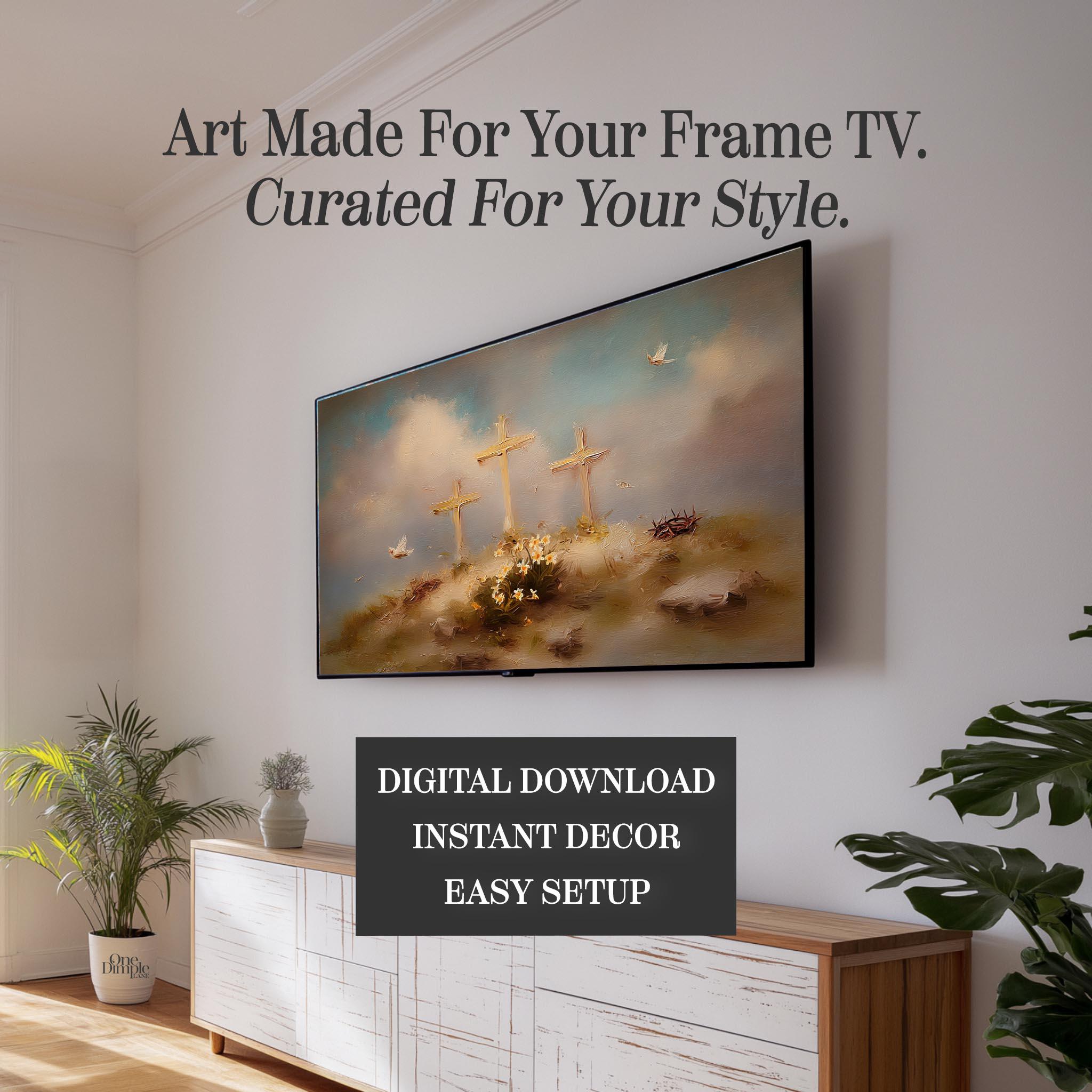 3 Crosses & Crown of Thorns Frame TV Art – Christian Easter Decor ...