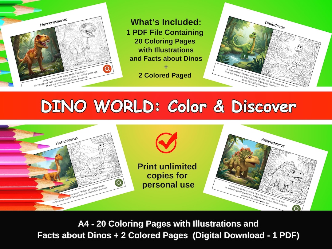 Dino World: Color and Discover - 20 A4 Coloring Pages With Facts ...