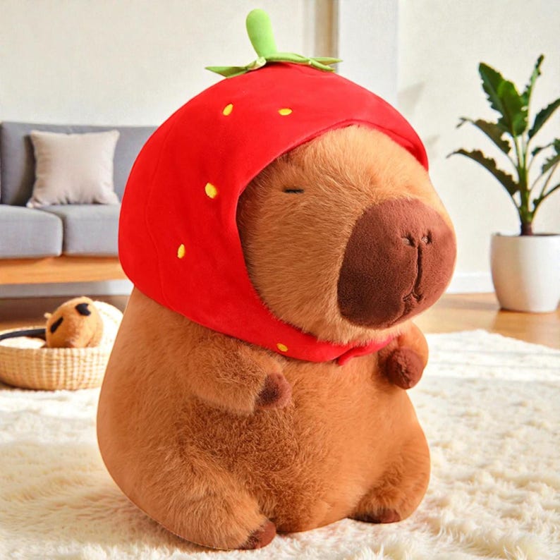 Strawberry Hat Capybara Plush Toy – Kawaii Stuffed Animal Keychain ...