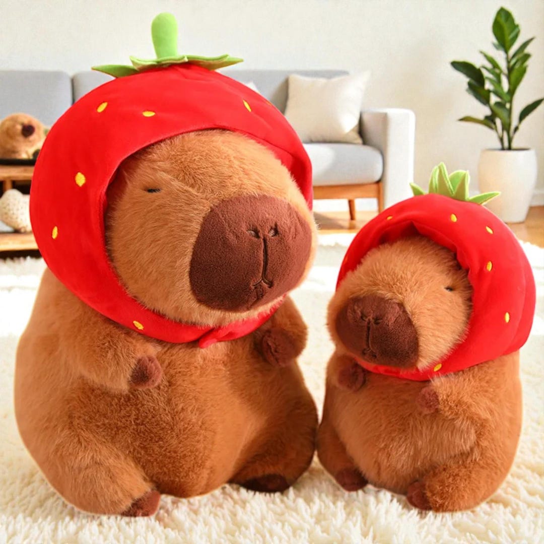 Strawberry Hat Capybara Plush Toy – Kawaii Stuffed Animal Keychain ...