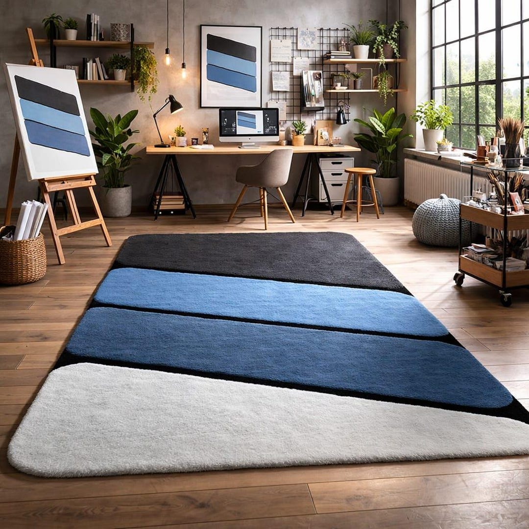 Hand Tufted Blue Black White Modern Area Rug - Geometric Abstract ...