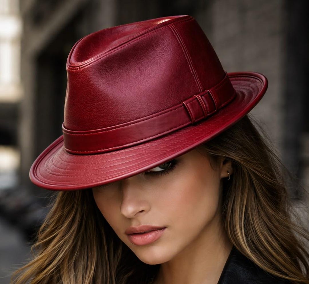 Wide Brim Red Leather Fedora Hat – Handmade Vintage Designer Style - Etsy