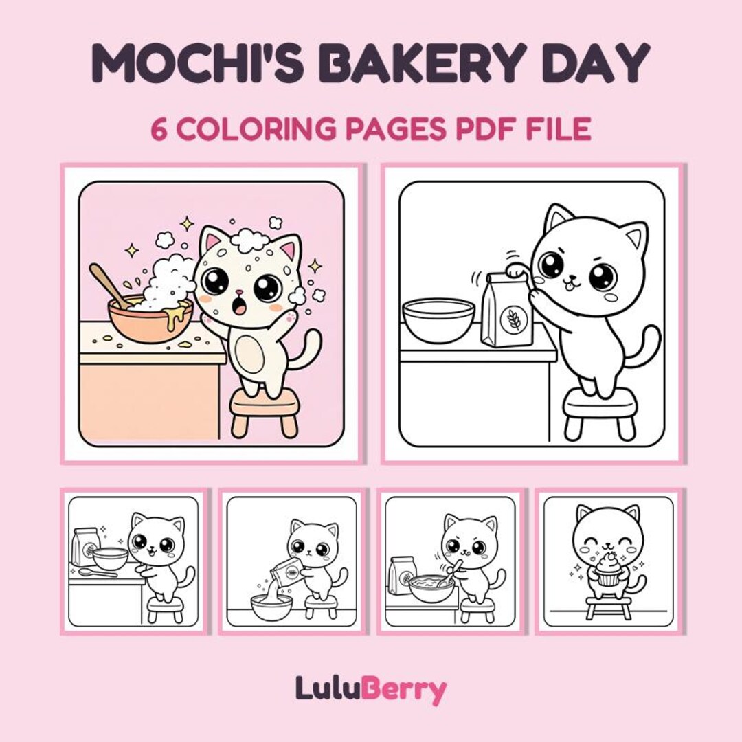 Kawaii Cat Bakery Day Coloring Book for Kids, Mochi Baking Printable ...