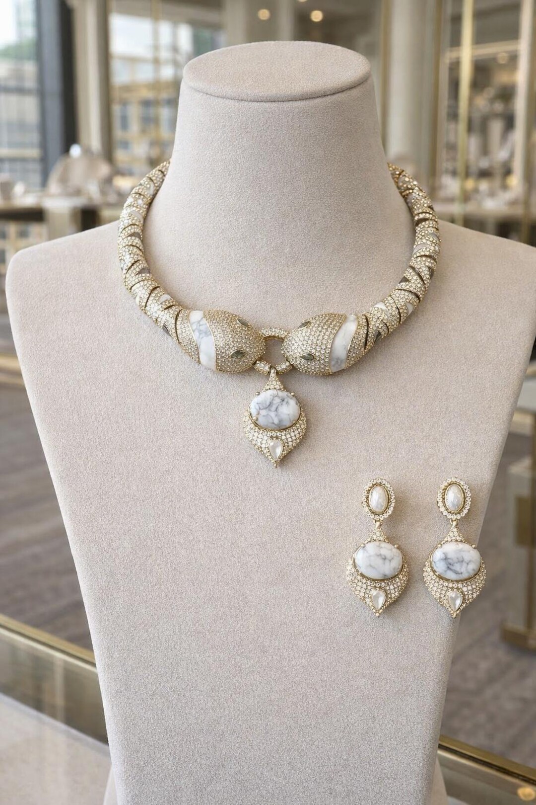 White Stone Pave Snake Choker Set, Bridal Hasli Necklace, Victorian ...