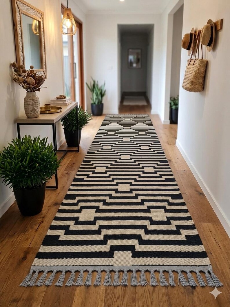 Handwoven Wool Jute Stair Runner Rug | Geometric Black Beige Stair ...