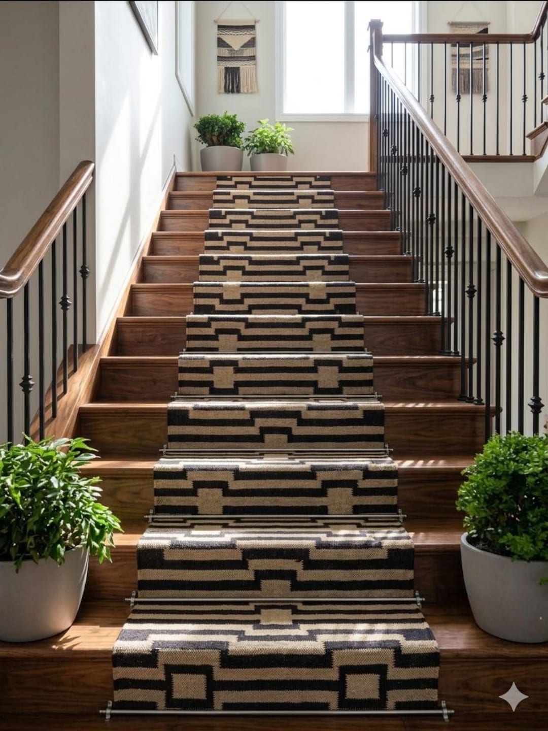 Handwoven Wool Jute Stair Runner Rug | Geometric Black Beige Stair ...