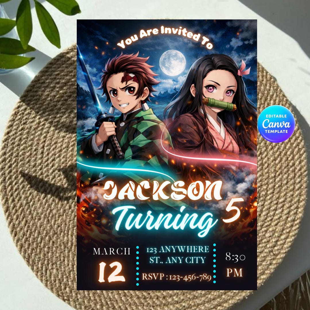 Demon Slayer Birthday Invitation Template Editable in Canva | Printable ...