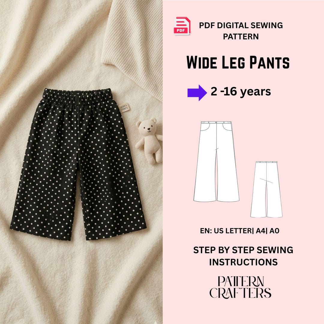 Girls Wide Leg Pants Sewing Pattern PDF | Kids Elastic Waist Trousers ...