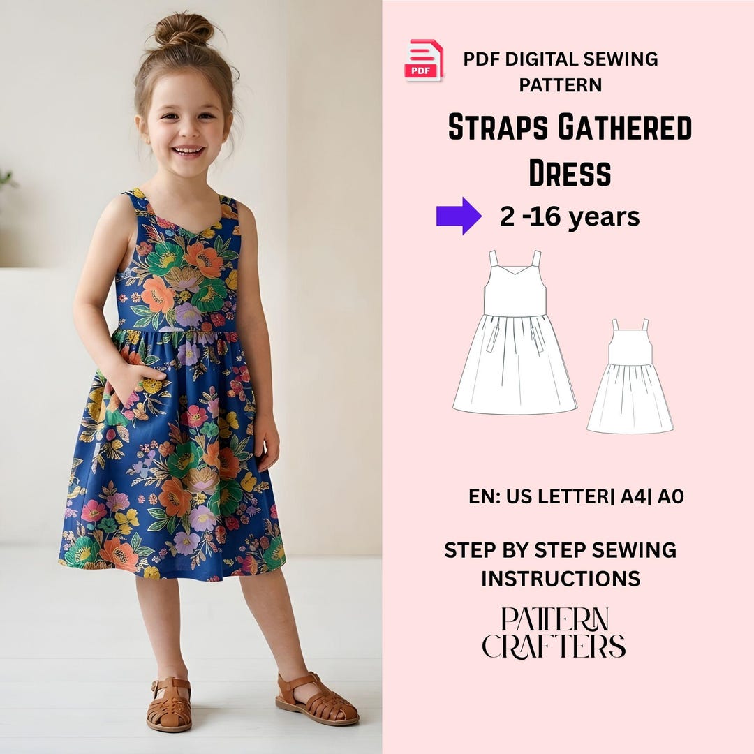 Girls Summer Dress Sewing Pattern: V Neck Straps Gathered Dress With ...