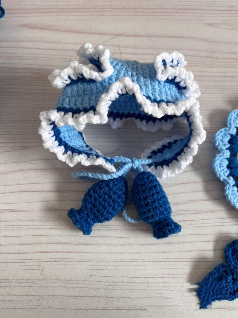Handmade Crochet Cat Bonnet and Bib Set, Blue Lace Trim Pet Accessories ...