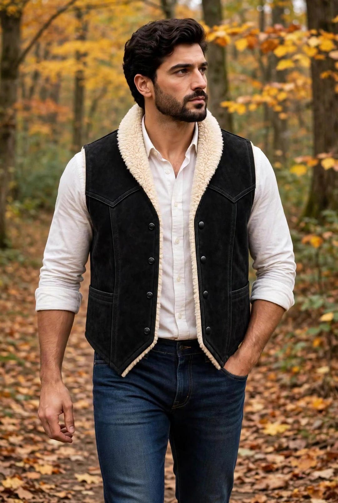 Men's Black Suede Leather Vest, Sherpa Lined Western Waistcoat, Cowboy ...