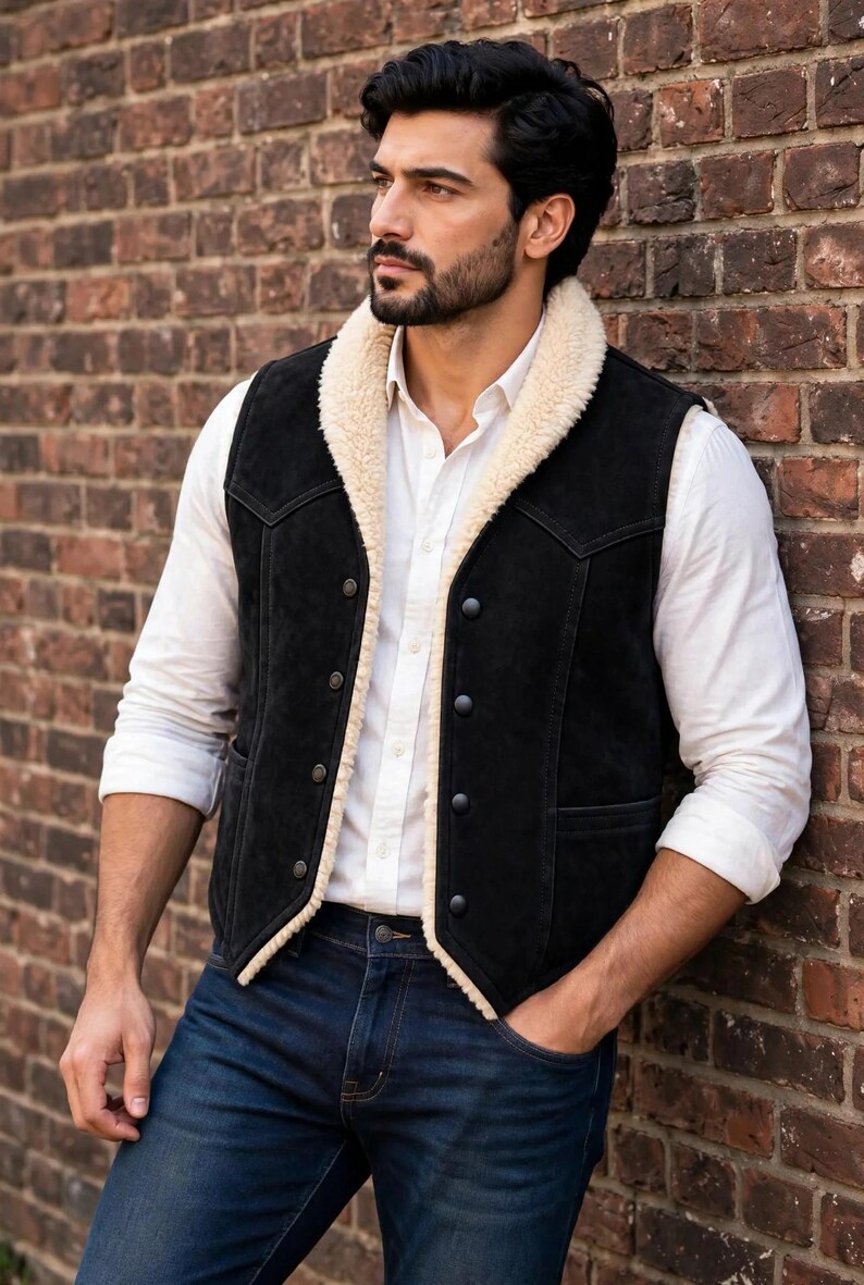 Men's Black Suede Leather Vest, Sherpa Lined Western Waistcoat, Cowboy ...