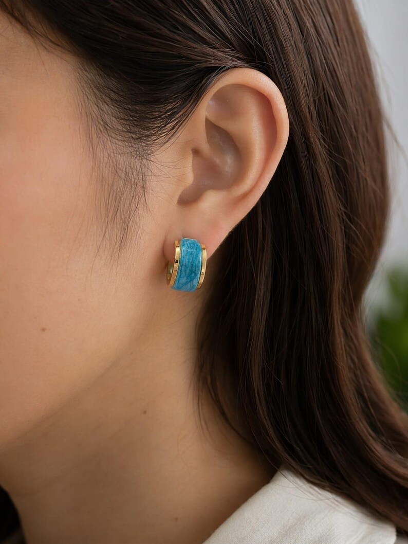 Gold-tone Alloy Hoop Earrings With Blue Shell Inlay, Cubic Zirconia ...