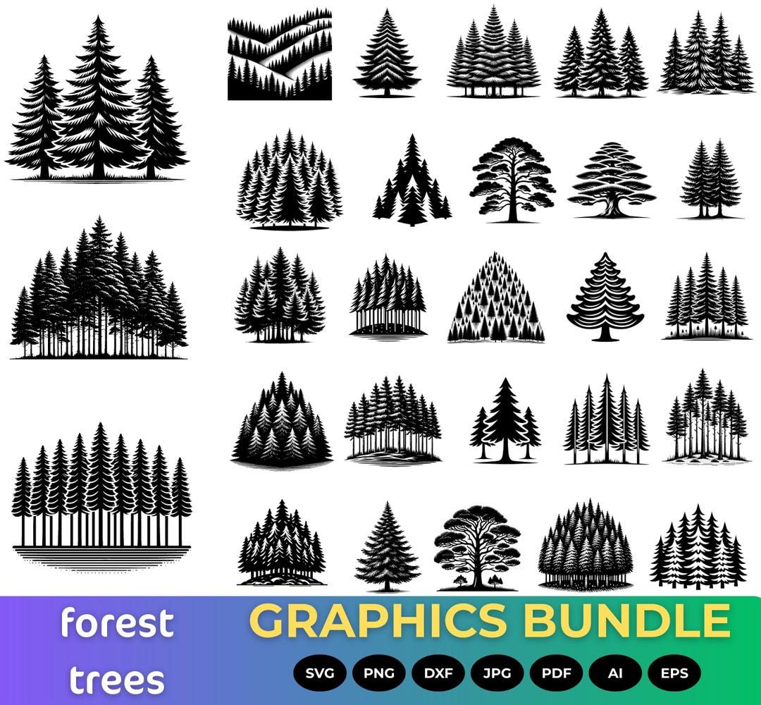 Forest Trees Graphics Bundle, Evergreen Landscape Clipart (svg, Dxf ...