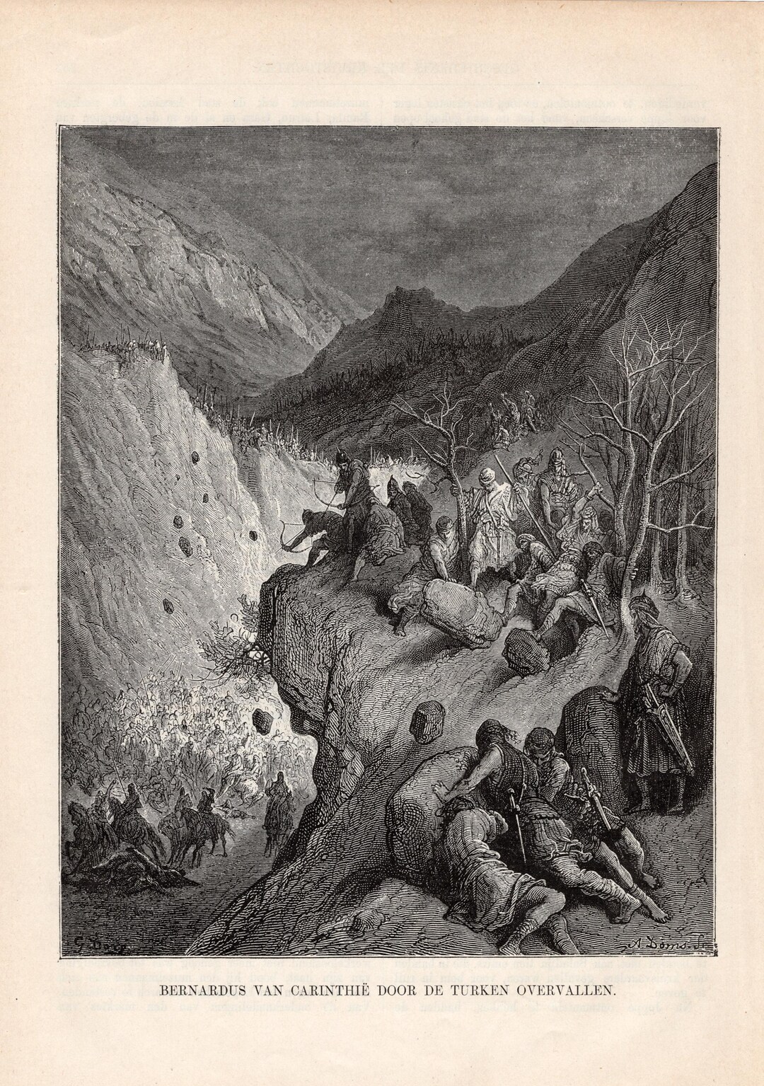 Gustave Doré Wood Engraving: Mountain Battle Ambush Print, Antique ...