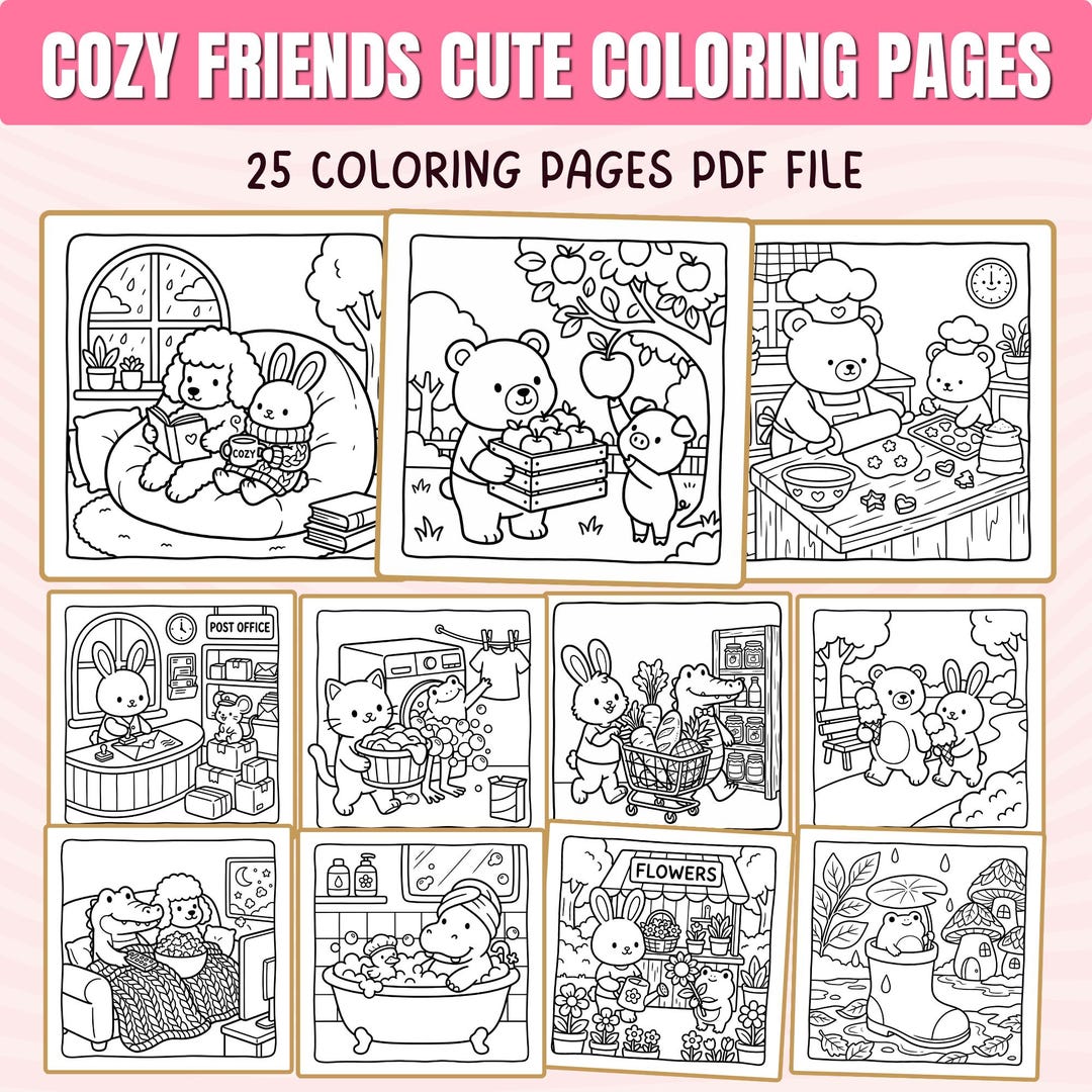 Cozy Friends Cute Coloring Book: Super Cute Animal Characters Coloring ...