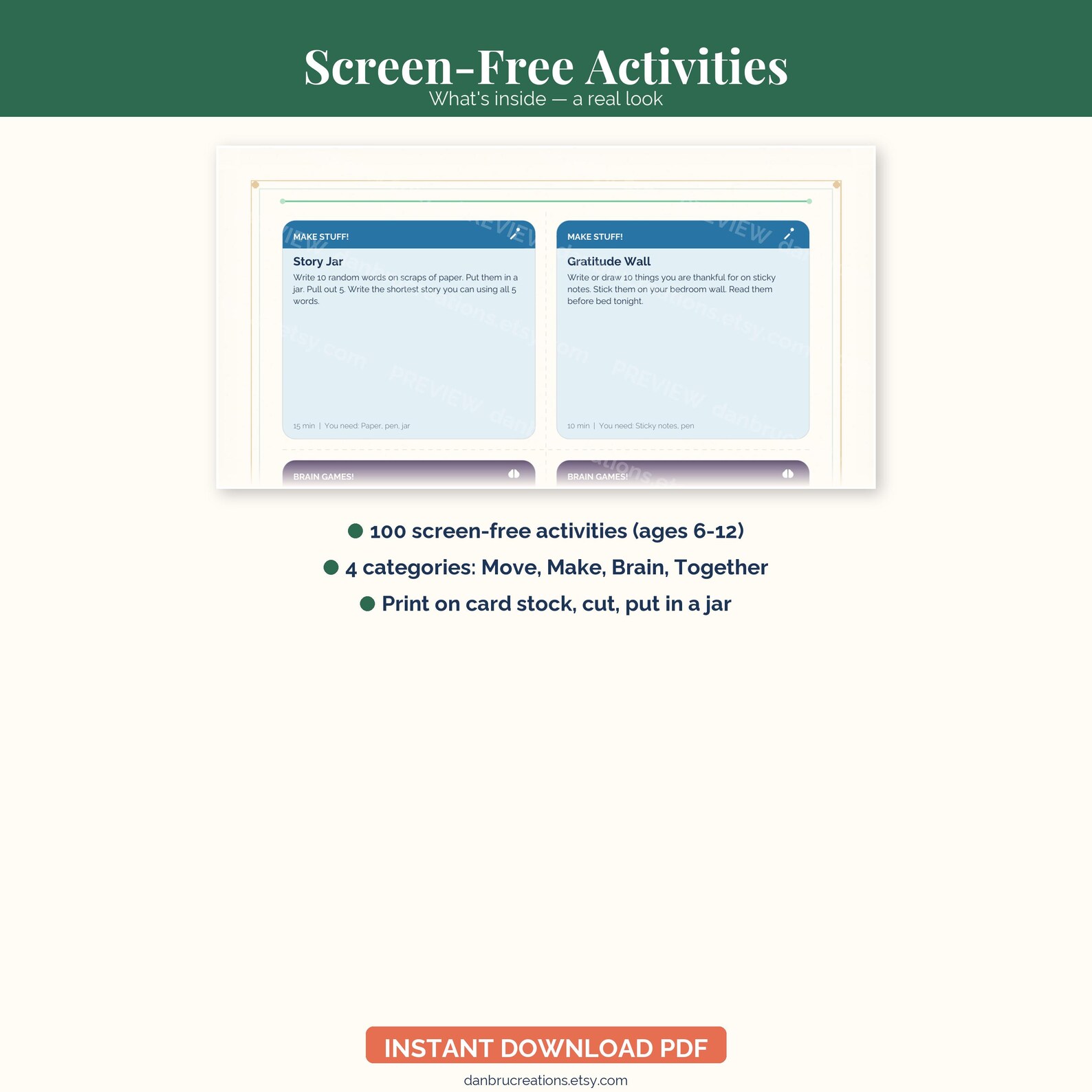 Screen Free Activity Cards for Kids Ages 6-12, 100 Printable Boredom ...